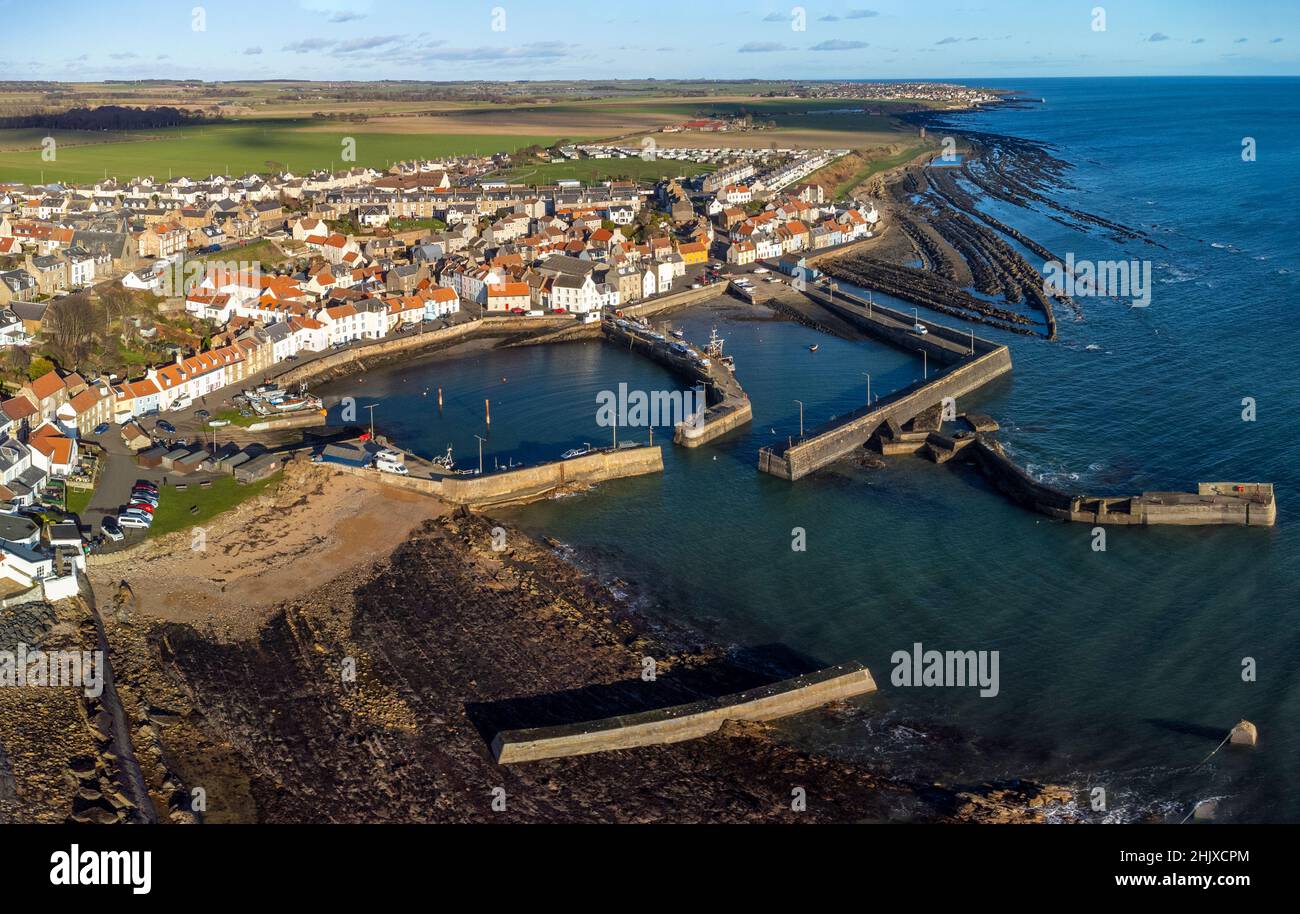 Aerial view from drone of St Monans fishing harbour and village in East ...