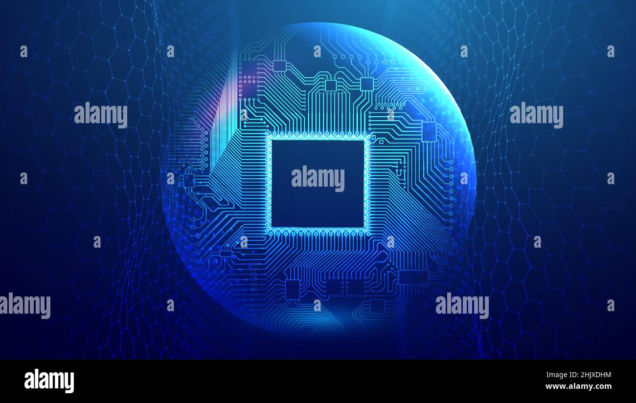 Electronic circuit board in sphere shield. Blue technology network ...