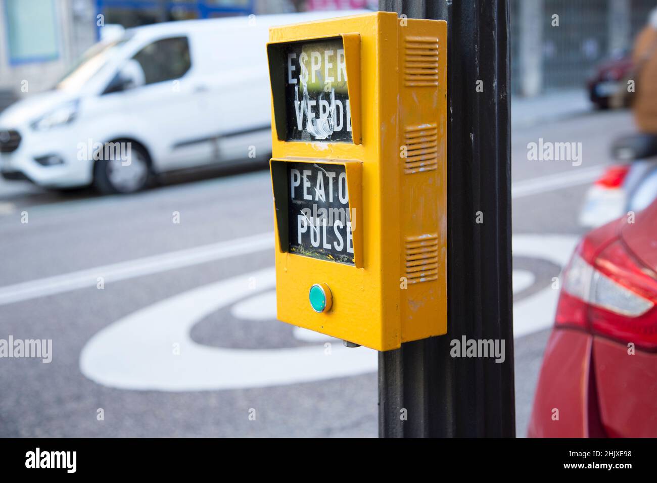 yellow traffic light push button with green button Stock Photo - Alamy