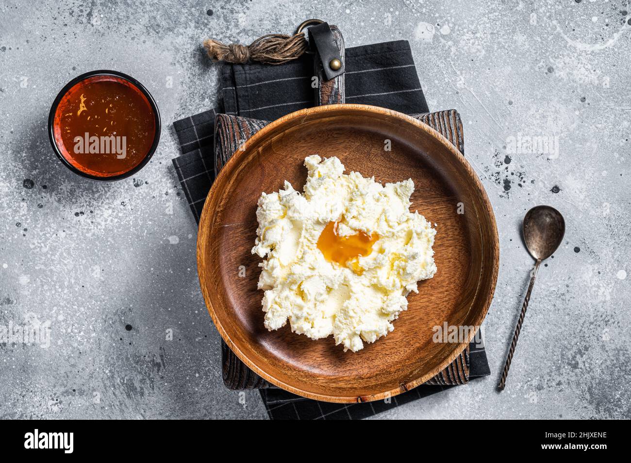 Tradirional Turkish cuisine - kaymak clotted cream and honey. Gray ...