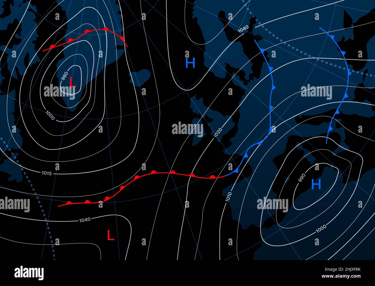 Forecast weather isobar map, meteorology wind front and temperature ...
