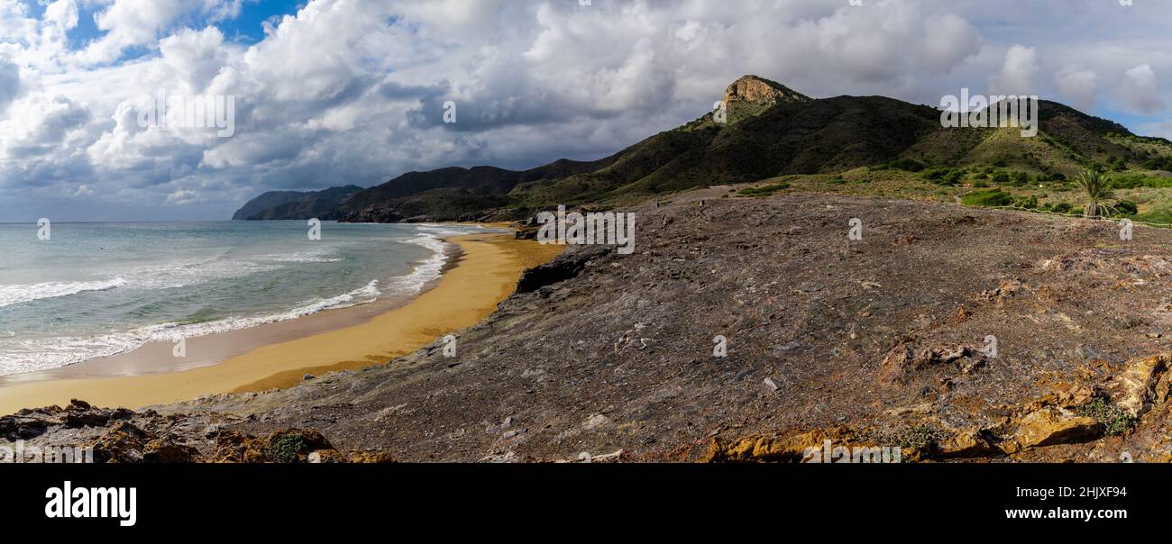 A panorama view of empty beaches and mountainous coast in Murcia under ...