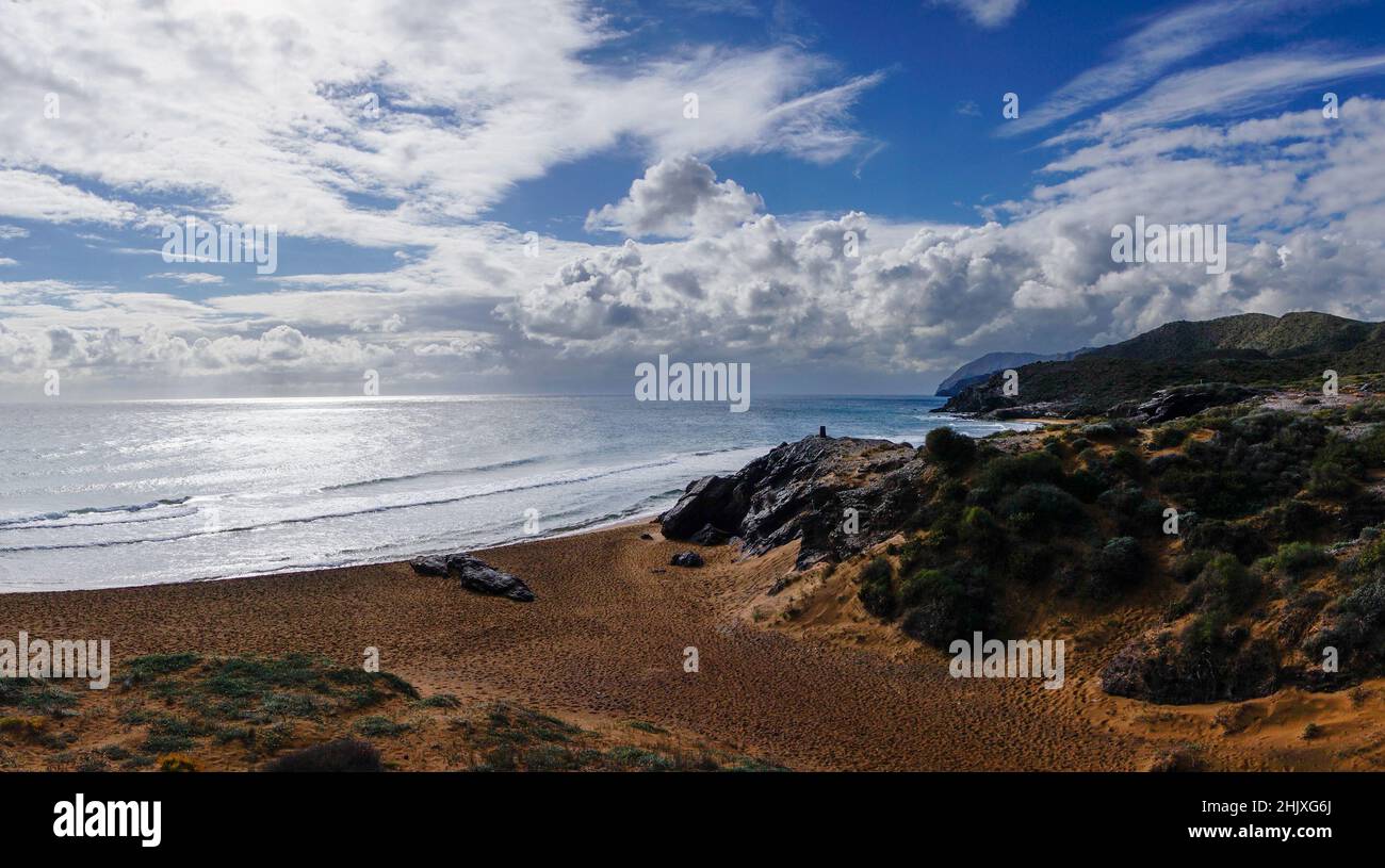 A panorama view of empty beaches and mountainous coast in Murcia under ...