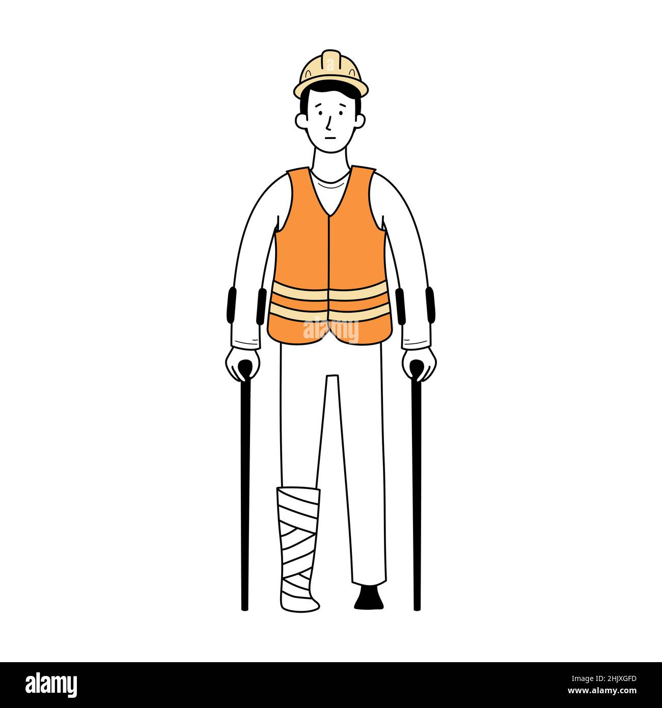 Worker with injury bandage leg. Fall accident on work. Doodle line ...