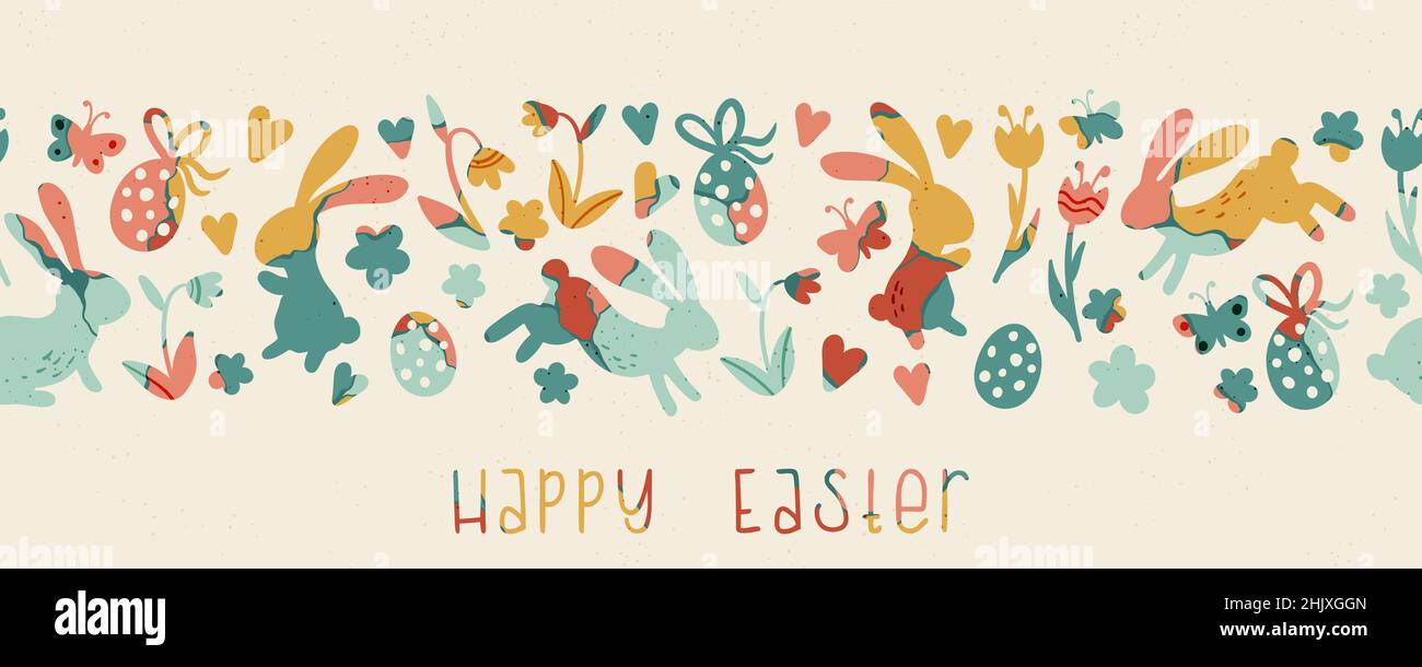 Lovely hand drawn Easter seamless pattern, doodle bunnies, eggs and flowers, great for banners ...