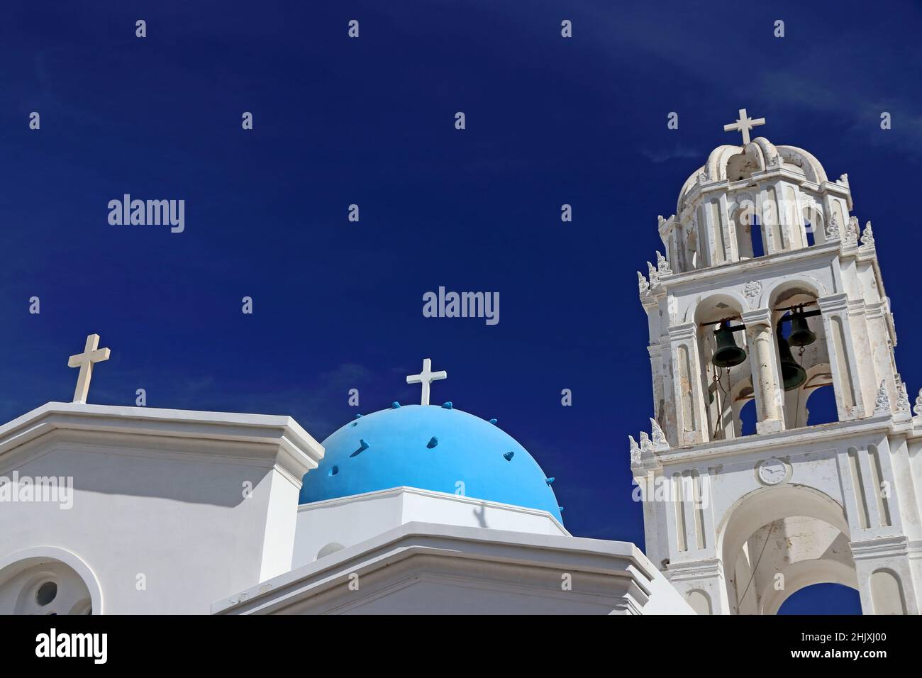 Belltower and blue dome of Church of Panagia Episkopi in Massa Gonia ...