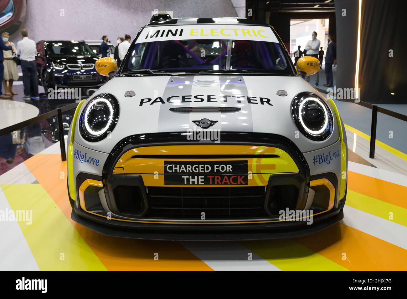 Barcelona, Spain - October 7, 2021: Mini Electric Pacesetter JCW showcased at Automobile ...