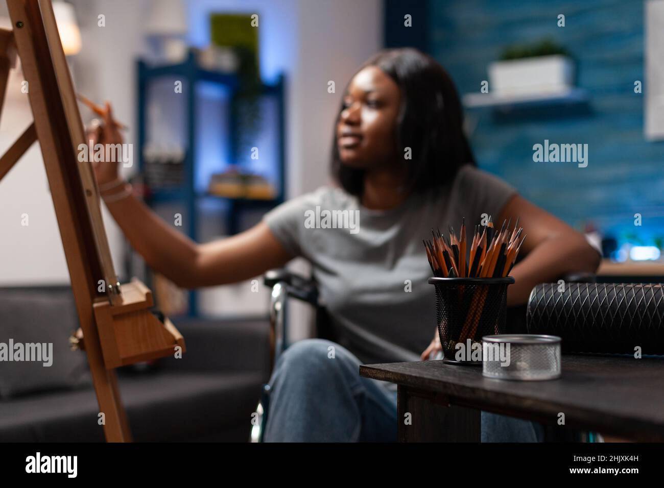 Selective focus on professional drawing tools standing on table in art ...