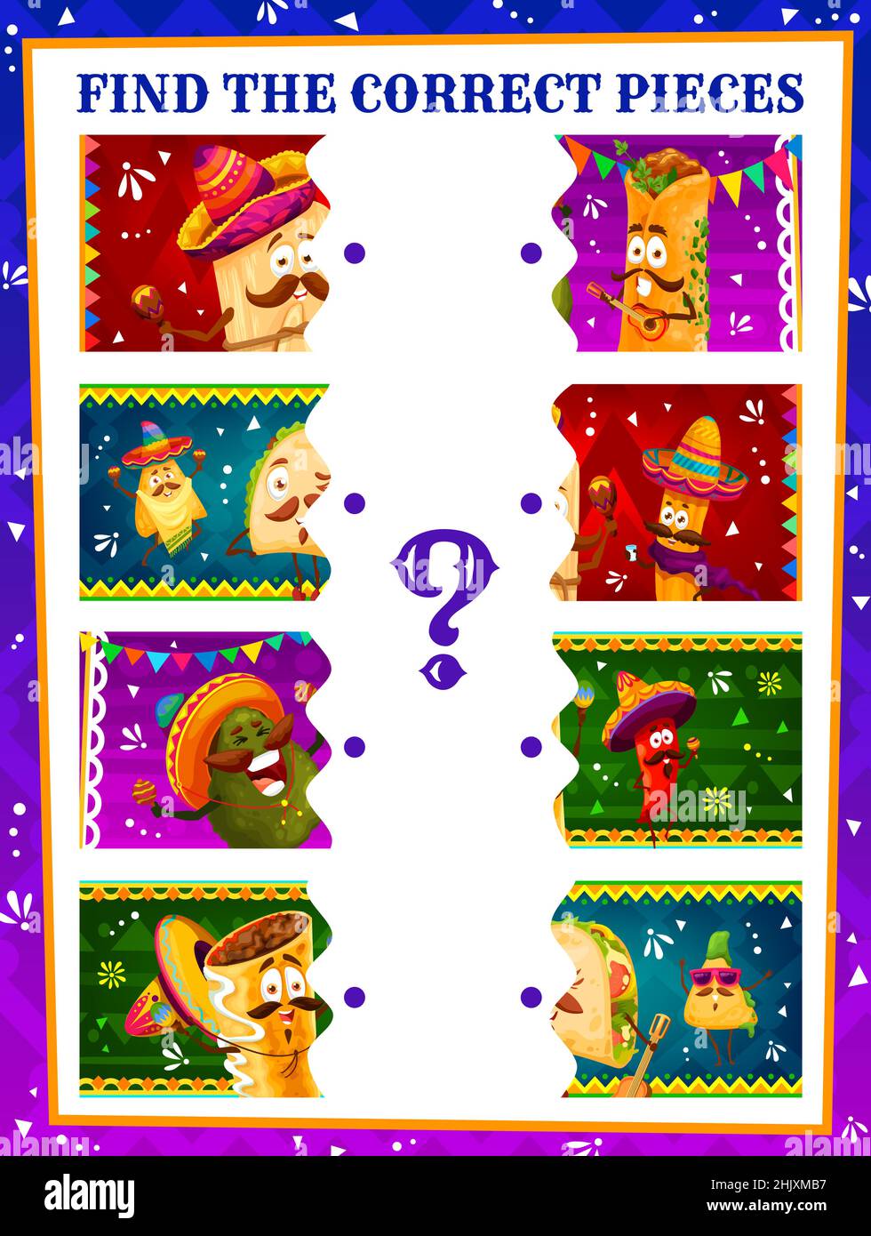 Find correct pieces of cartoon mexican tacos, avocado enchiladas ...