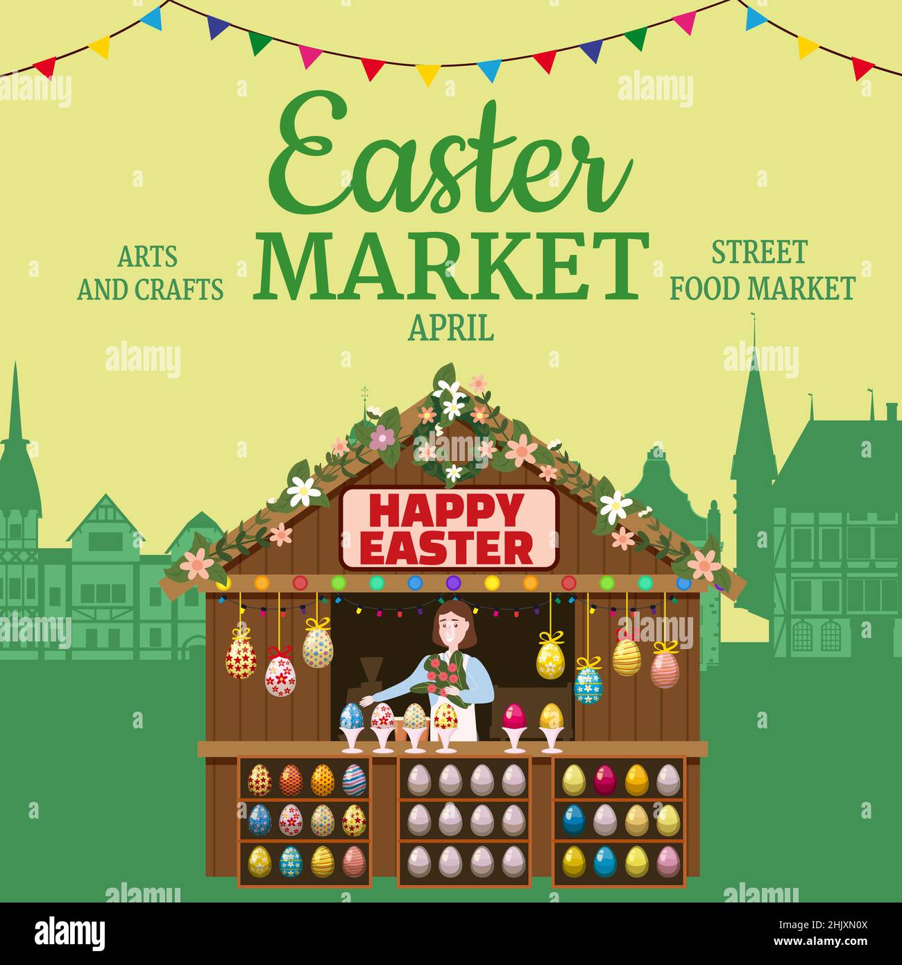 Easter Market poster, wooden stall decorated flowers, colored Easter ...