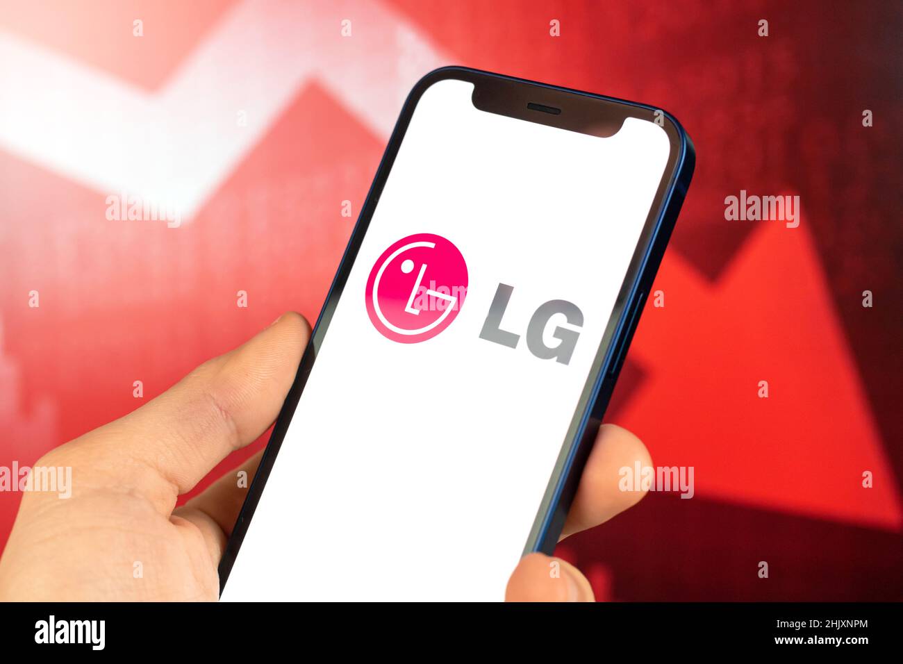 Kharkov, Ukraine - January 28, 2021: LG logo on red stock chart ...