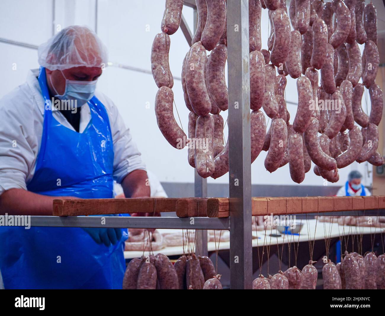 worker manufacturing, stuffing and tying pork sausages, salami and ...