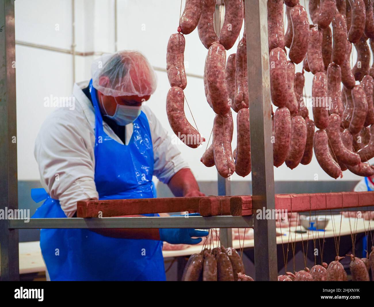 worker manufacturing, stuffing and tying pork sausages, salami and ...