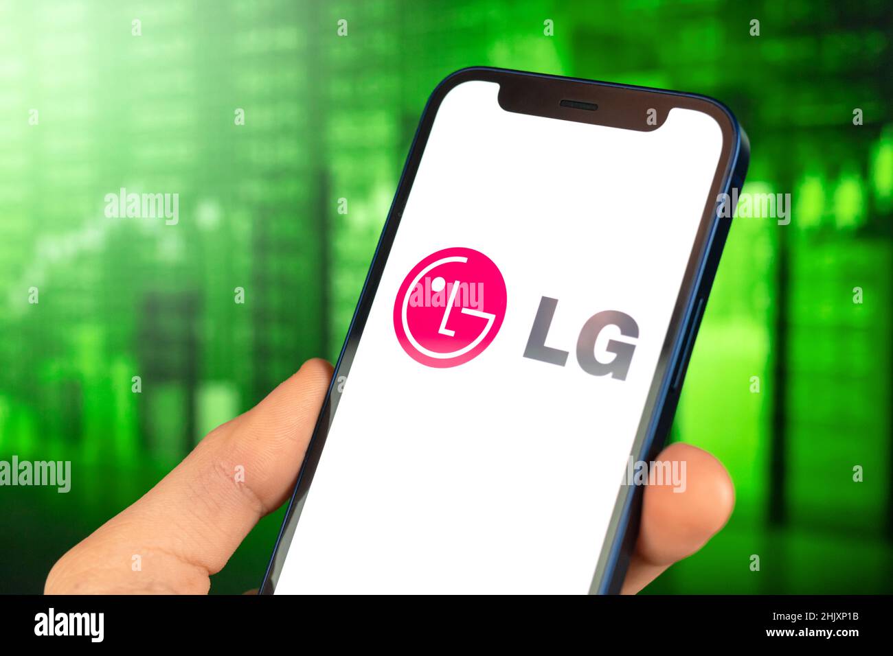 Kharkov, Ukraine - January 28, 2021: LG Electronics logo on green stock ...