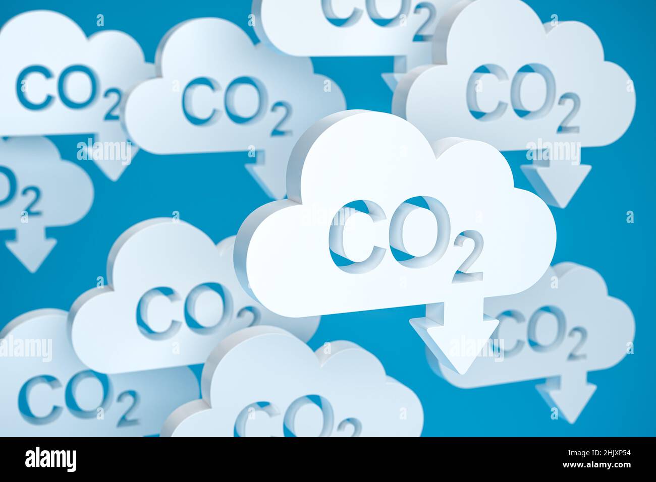 CO2 reduction concept. Cloud shaped objects with the word CO2 punched ...