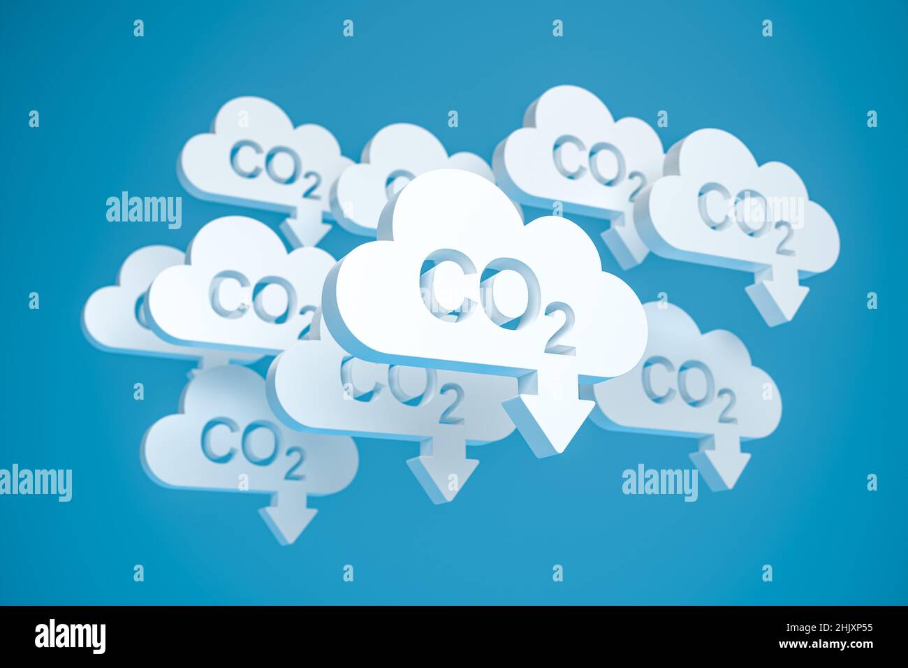 CO2 reduction concept. Cloud shaped objects with the word CO2 punched ...