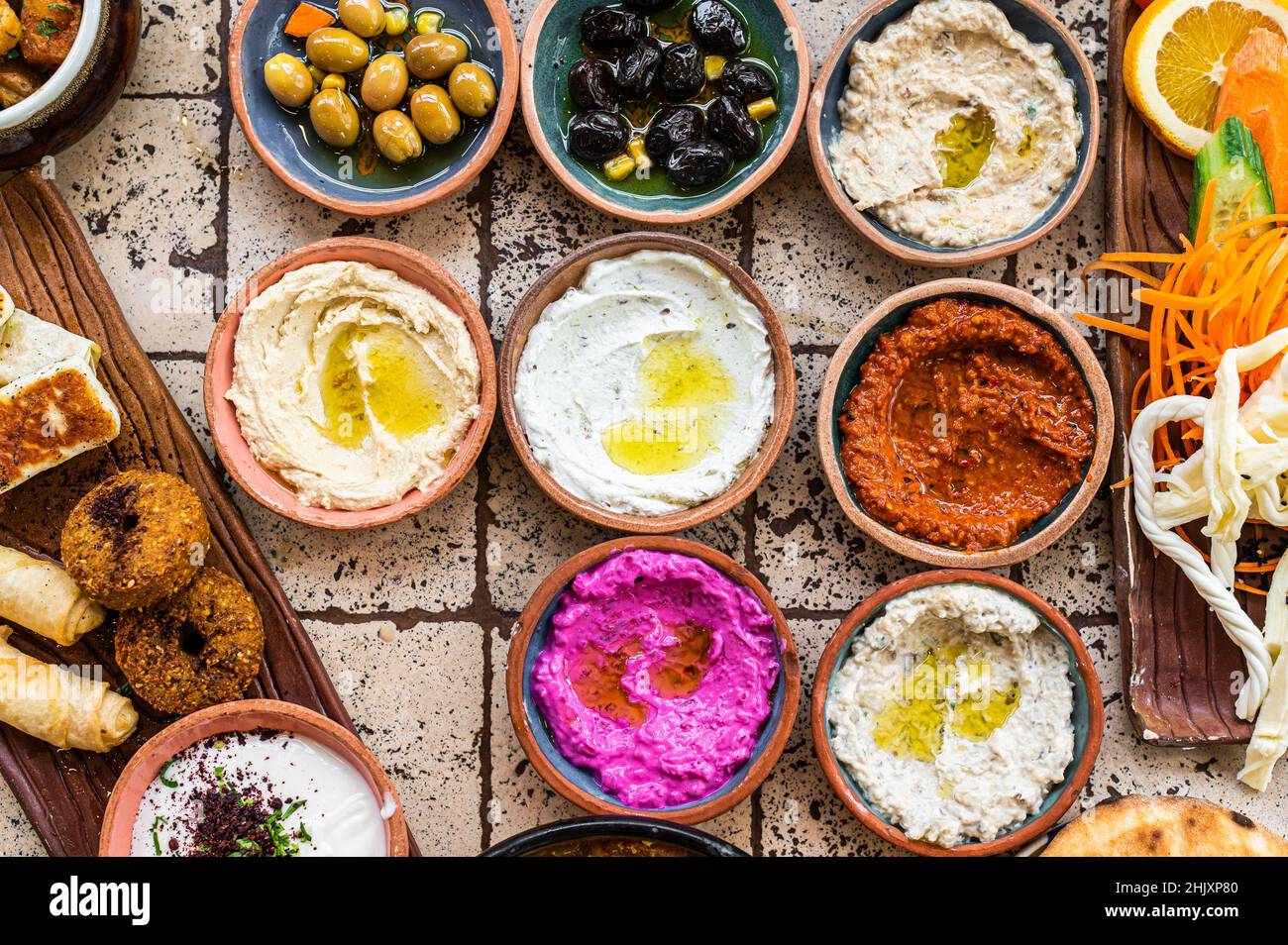 Turkish Village breakfast table served in a restaurant. Top view Stock ...