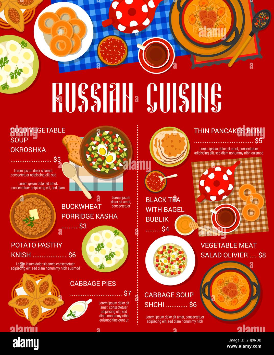 Russian cuisine menu with food of Russia, soup okroshka and blini ...