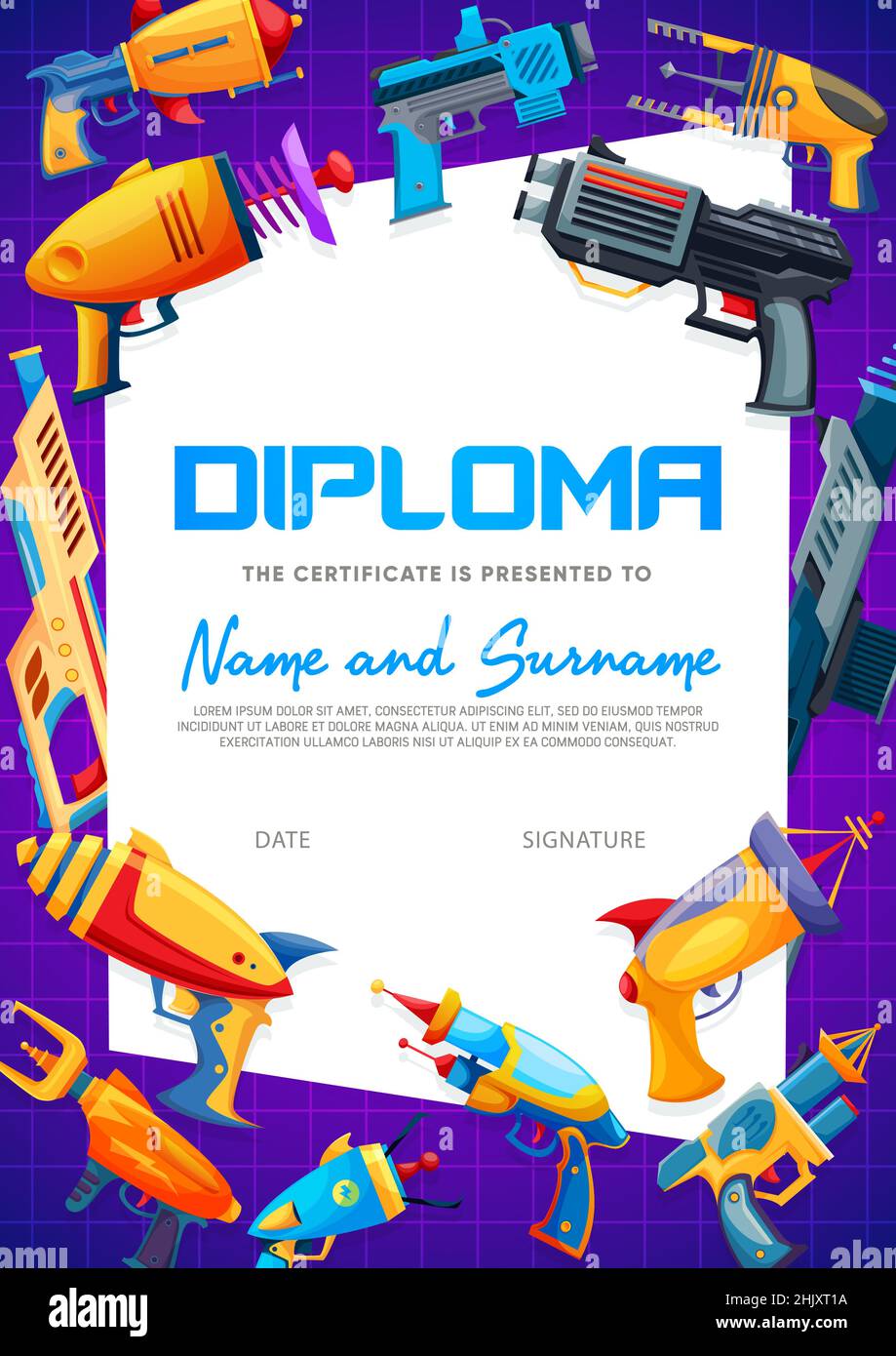 Cartoon gun blasters, kids diploma with alien handgun and raygun weapon ...