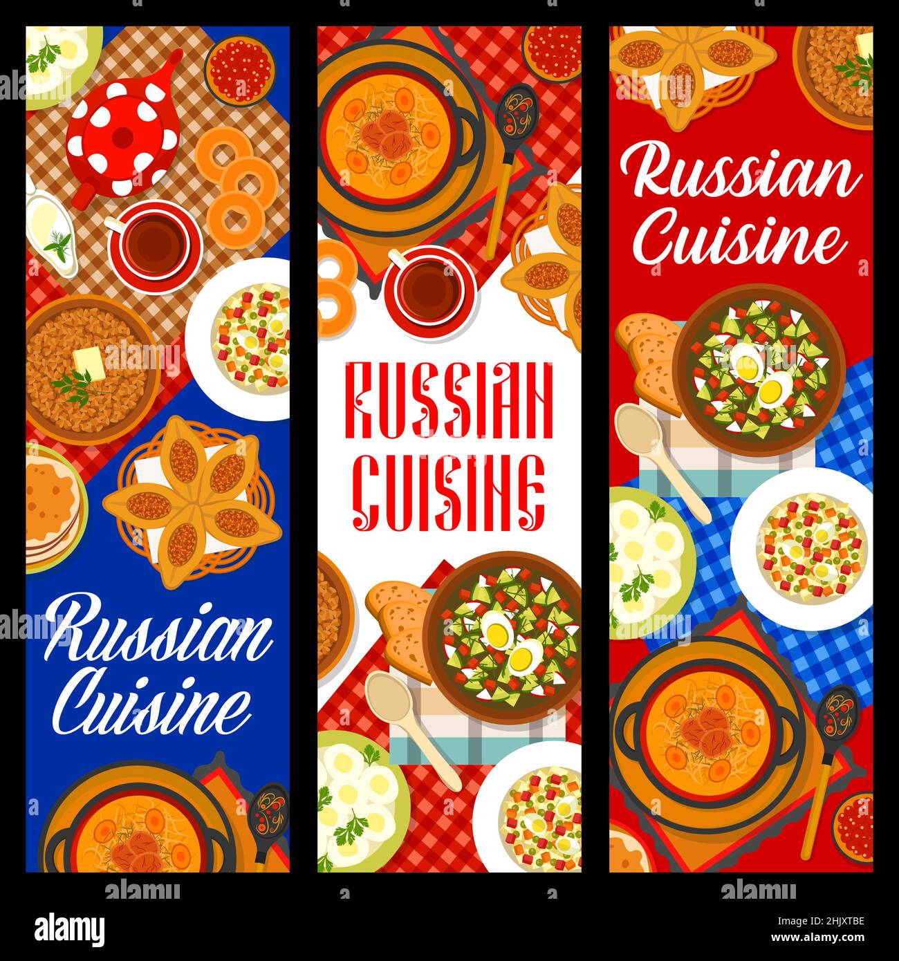 Russian cuisine banners, restaurant food dishes and meals of Russia ...