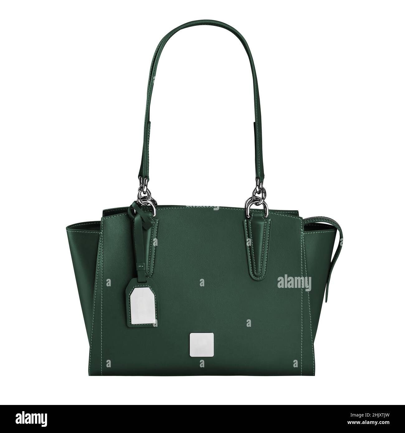 Practical dark green leather handbag with two handles isolated on white ...