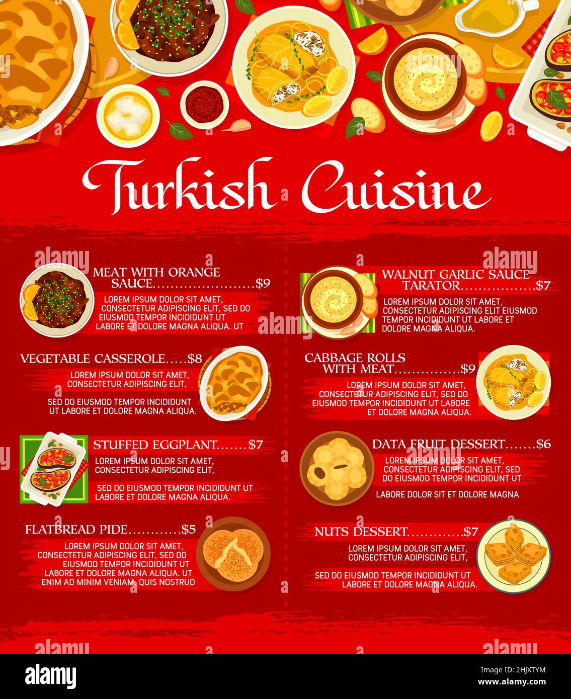 Turkish cuisine menu vector template with halal food. Vegetable meat ...