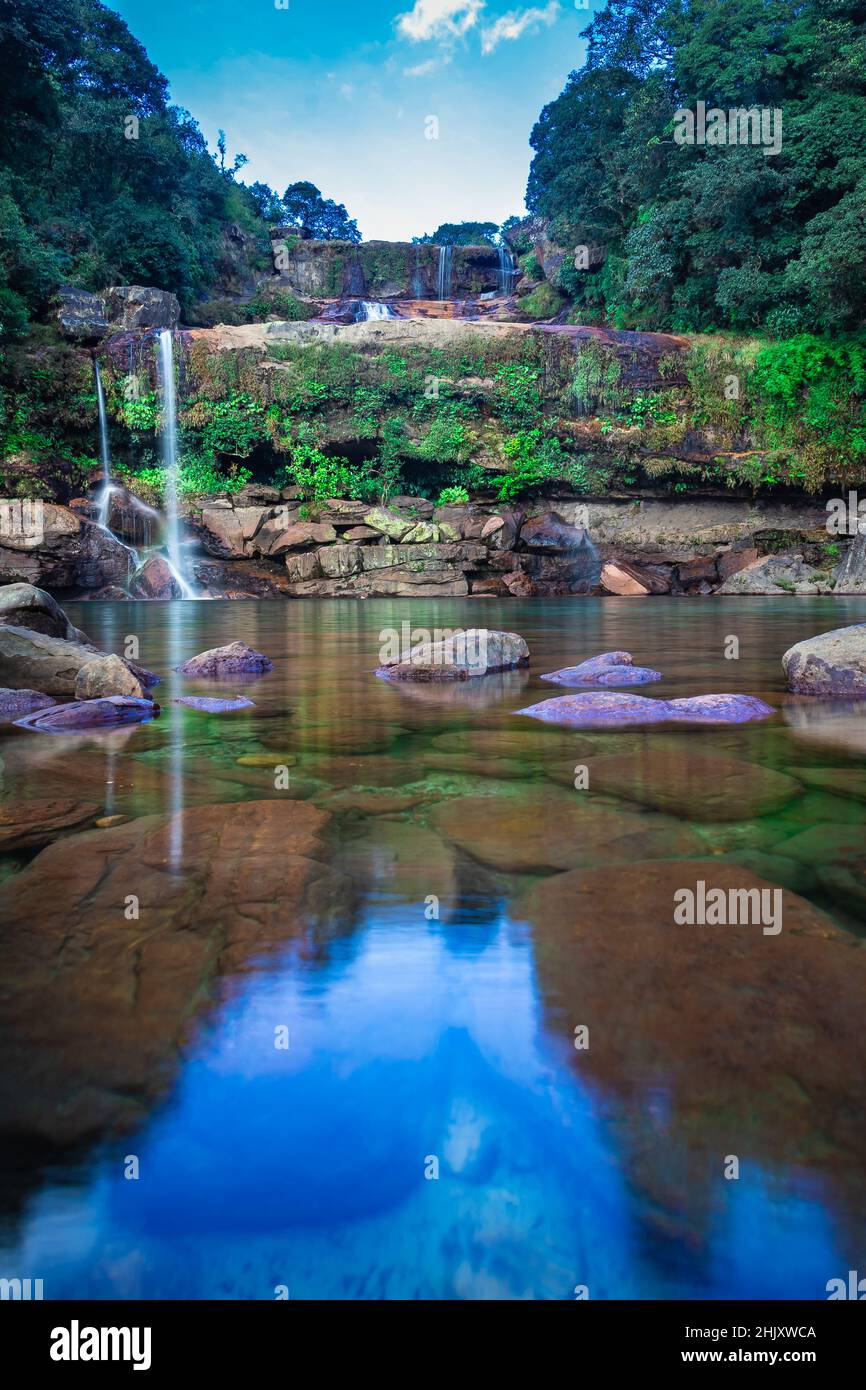 natural waterfall clear view with water stream falling from mountain at ...