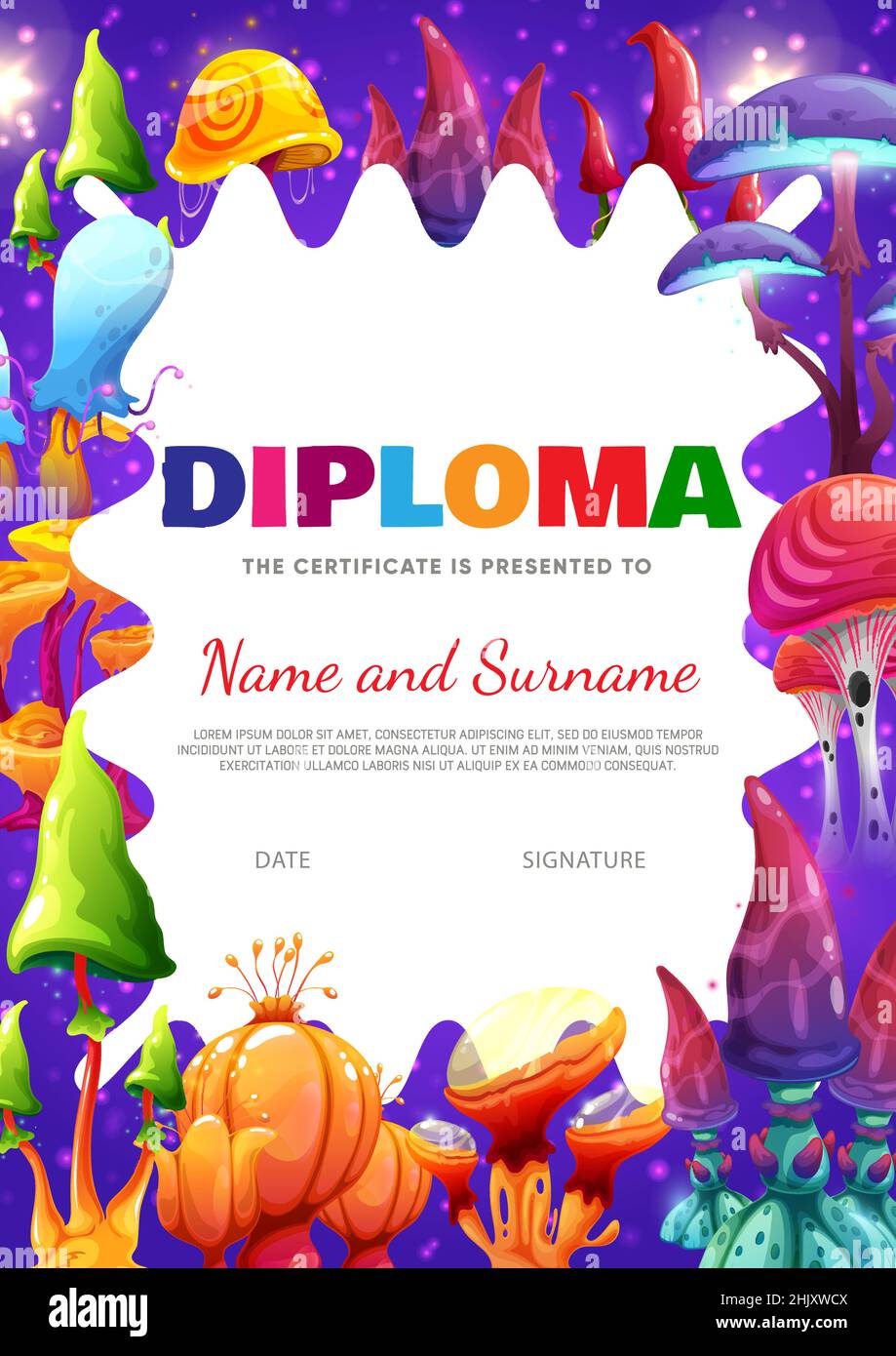Kids diploma certificate. Fairy magic cartoon luminous mushrooms ...