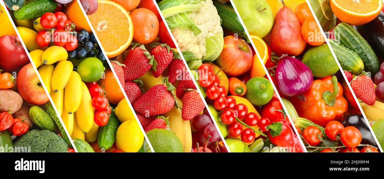 Collage bright vegetables and fruits separated slanted lines Stock ...
