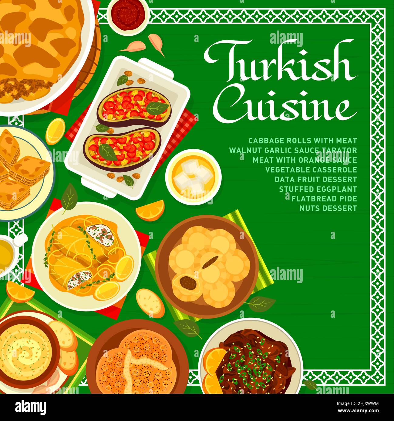 Turkish cuisine menu cover template with halal food vector dishes ...