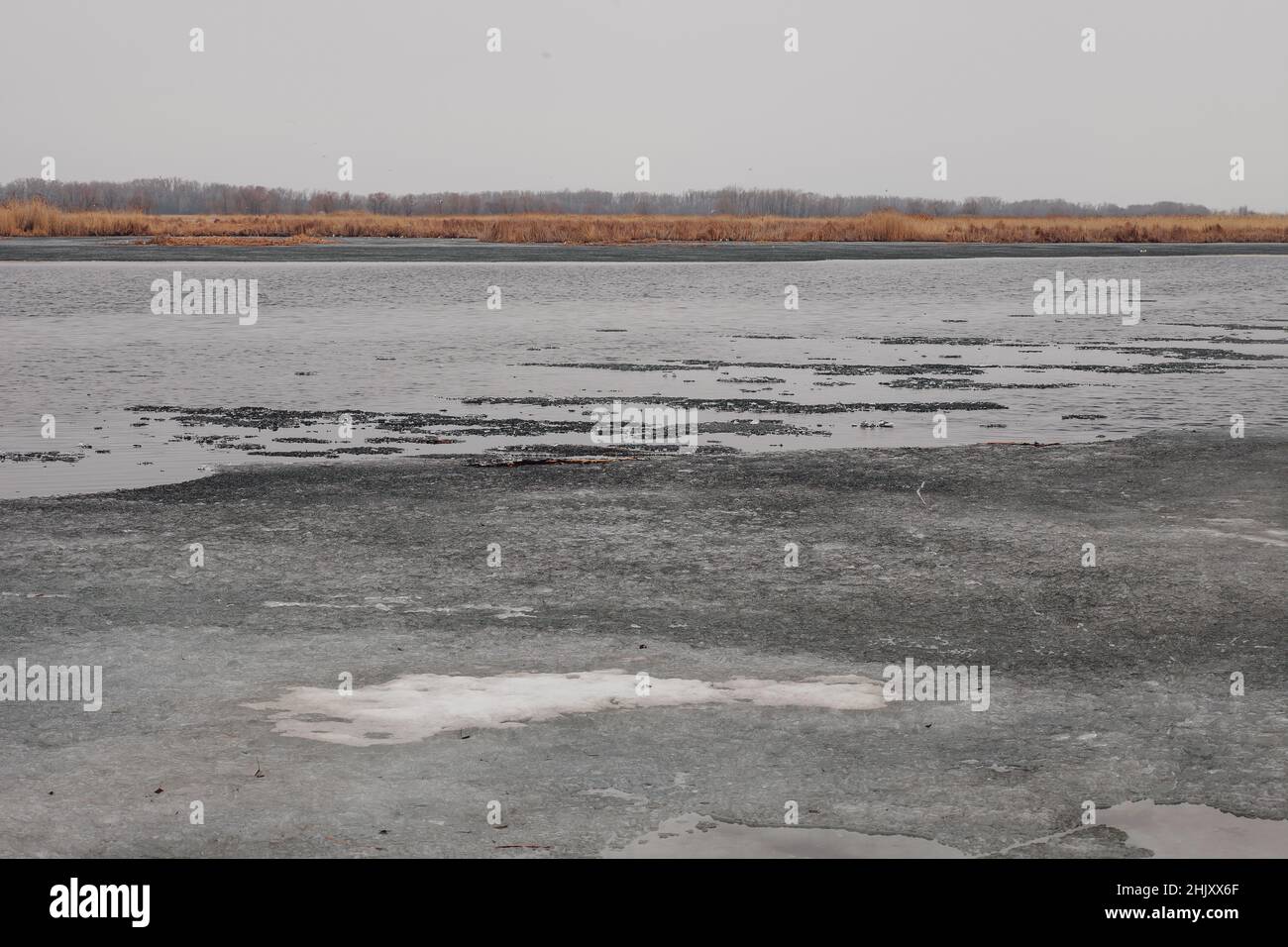 Ice drift on river. River opening itself up from ice. Problem of ...