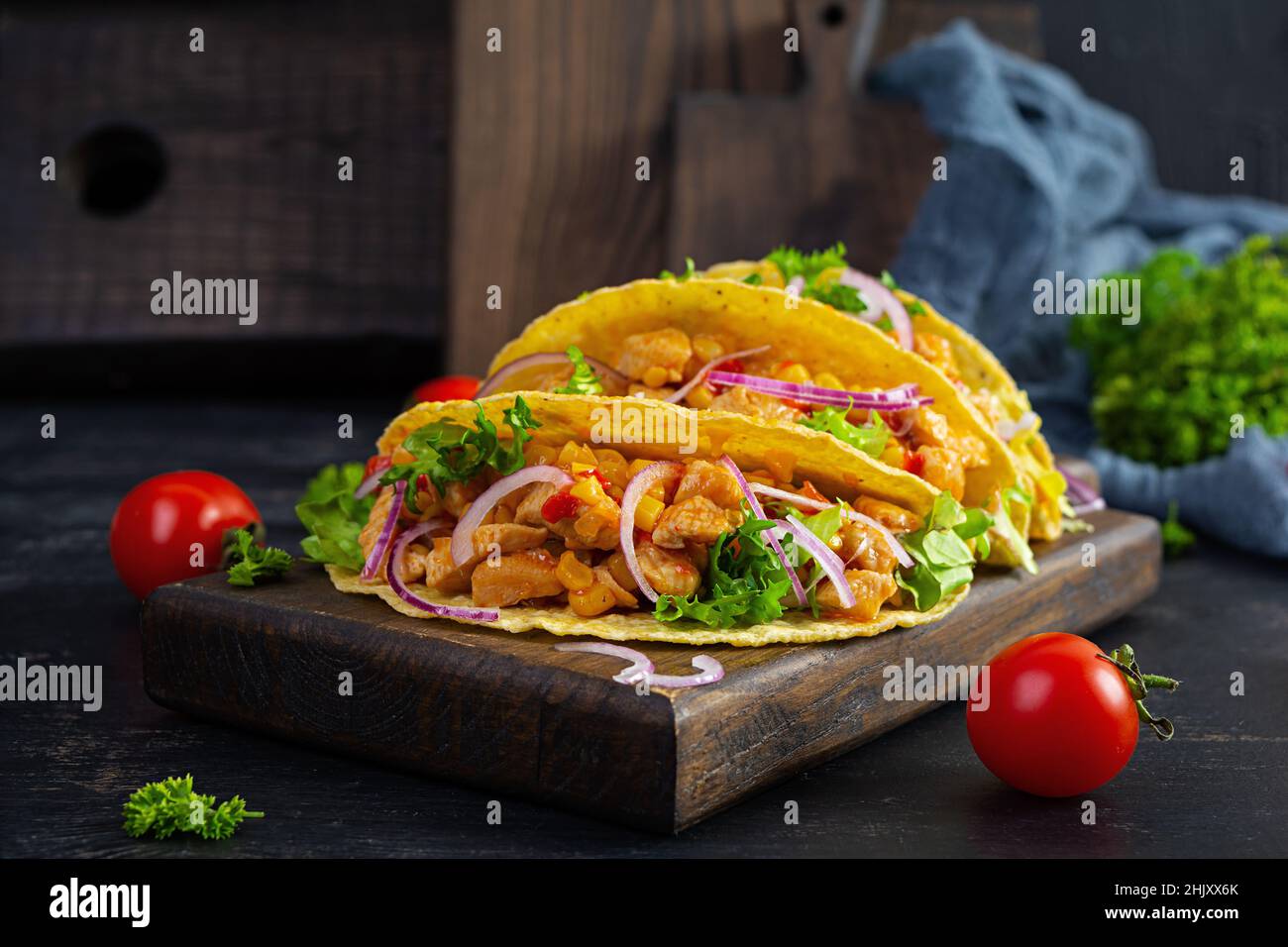 Mexican tacos with corn tortilla. Tortilla with chicken meat, corn ...