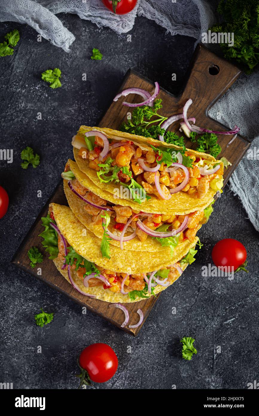 Mexican tacos with corn tortilla. Tortilla with chicken meat, corn ...