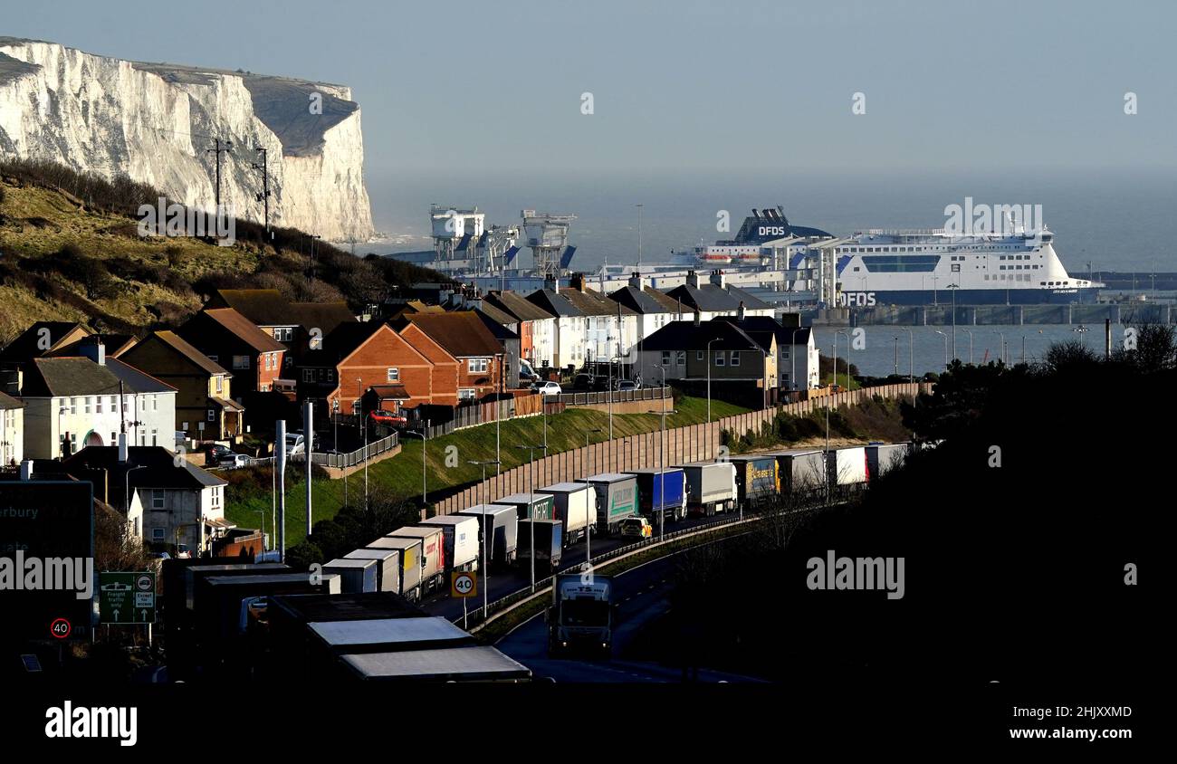 Lorries queue for the Port of Dover in Kent, as the Dover TAP is ...