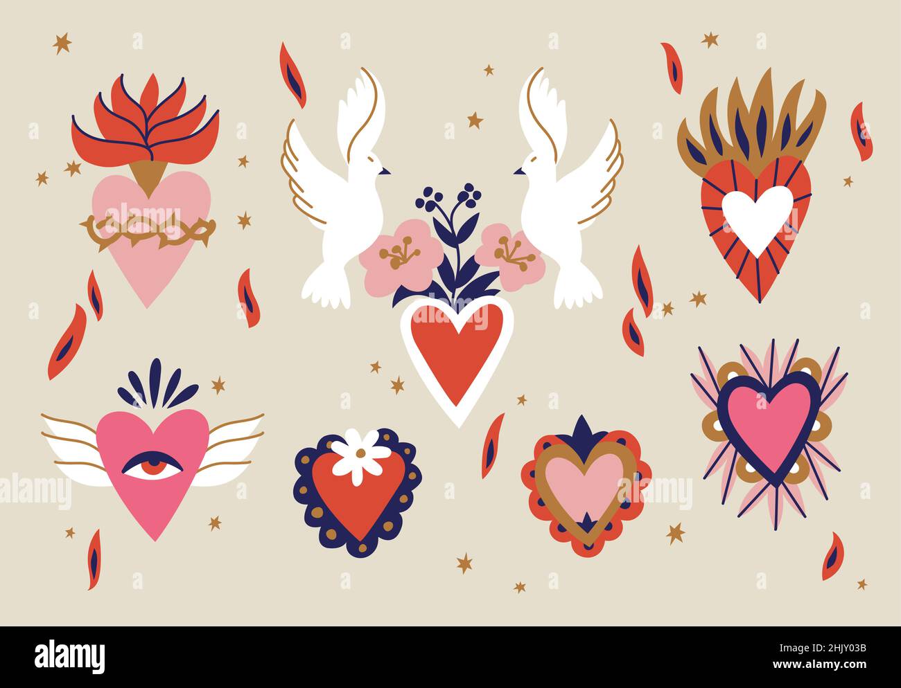 Various Sacred hearts. Traditional Mexican hearts. Hand drawn colored ...