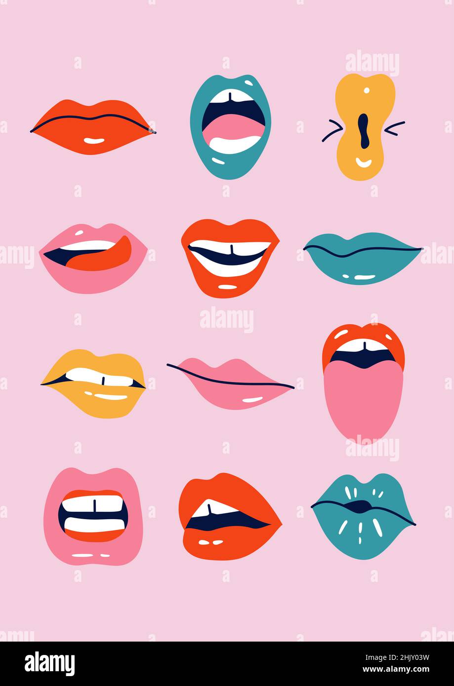 Vector illustration female mouths. Colorful lipstick. Various of mimic ...