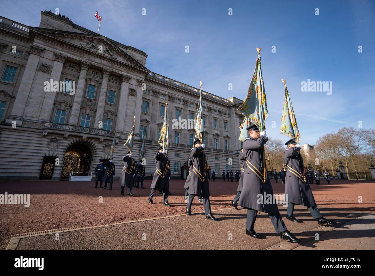 RAF troops march away at the conclusion of the Changing of the Guard ceremony, which is ...