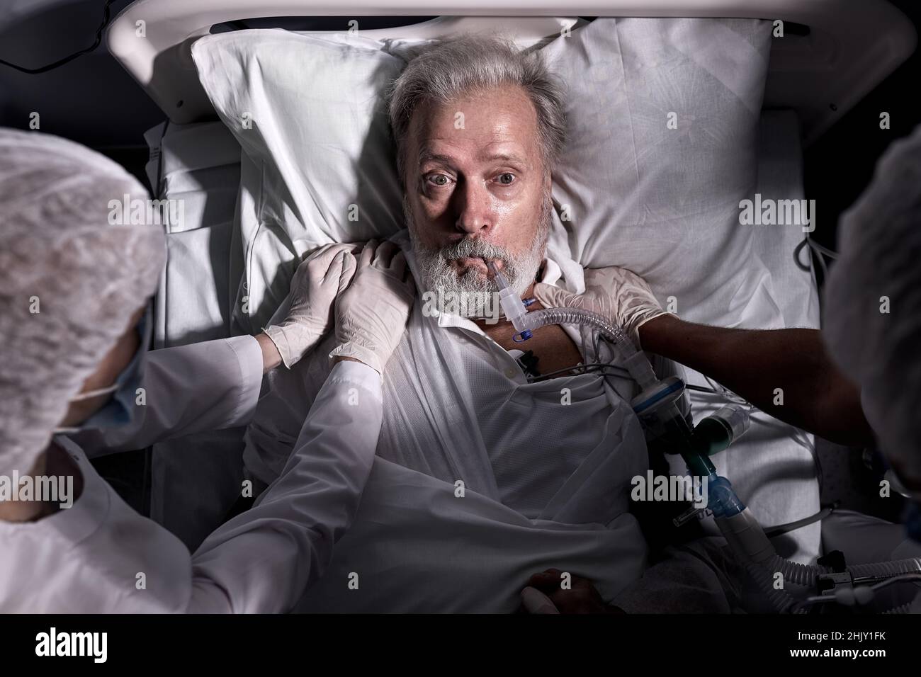 Emotional postoperative period, heart attack. senior male patient ...