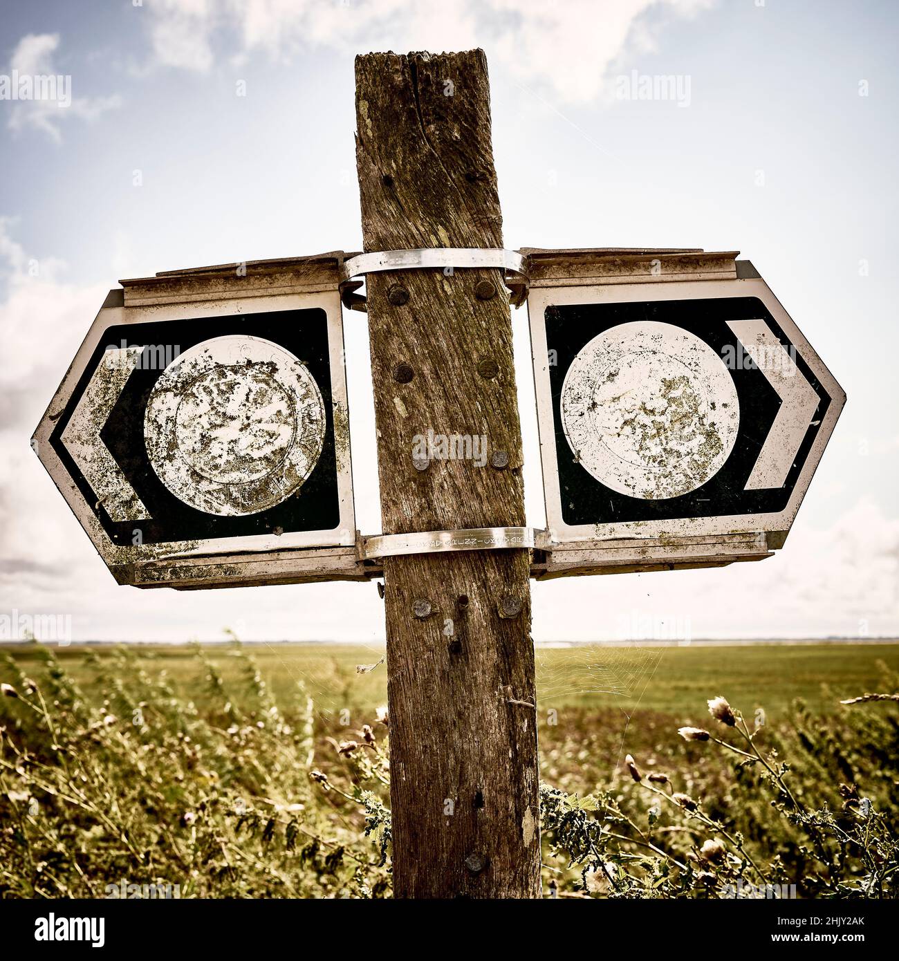 Old signpost for Lancashire coastal path on saltmarsh Stock Photo - Alamy