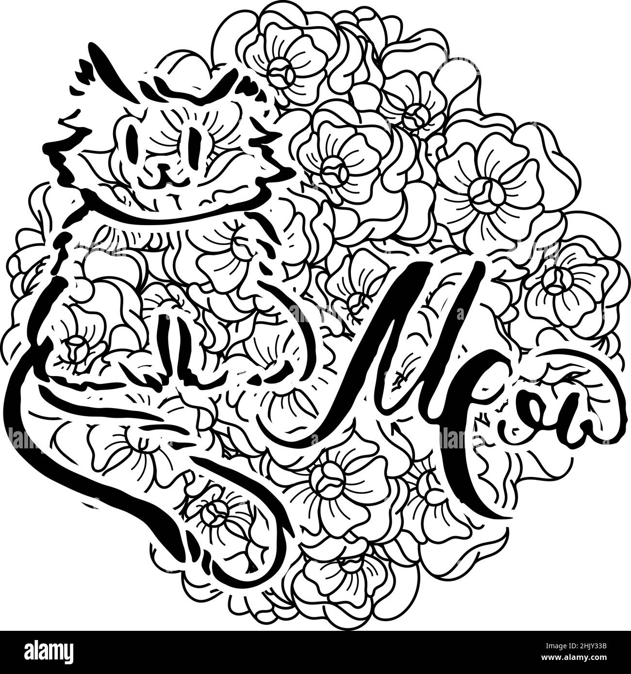 Meow. Hand lettering grunge card with flower background. Handcrafted ...