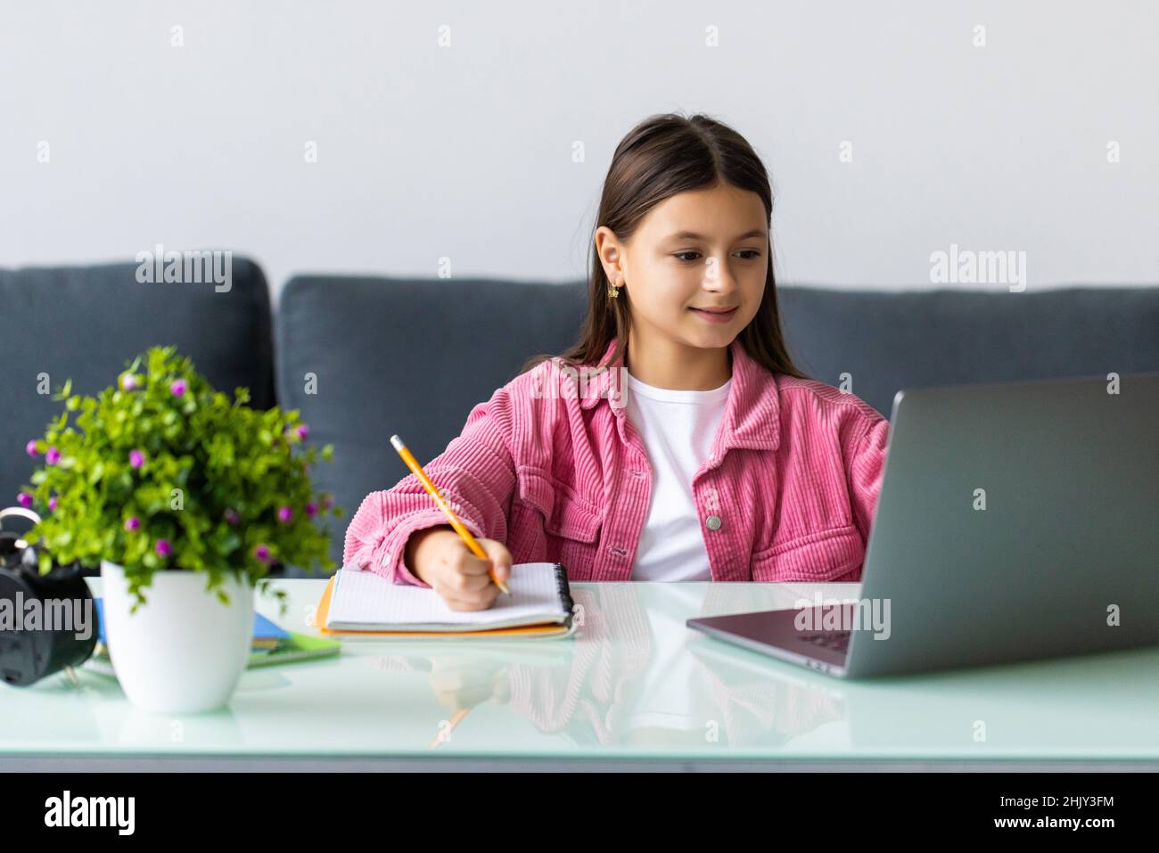 Happy small smart kid do task assignment for school with books ...