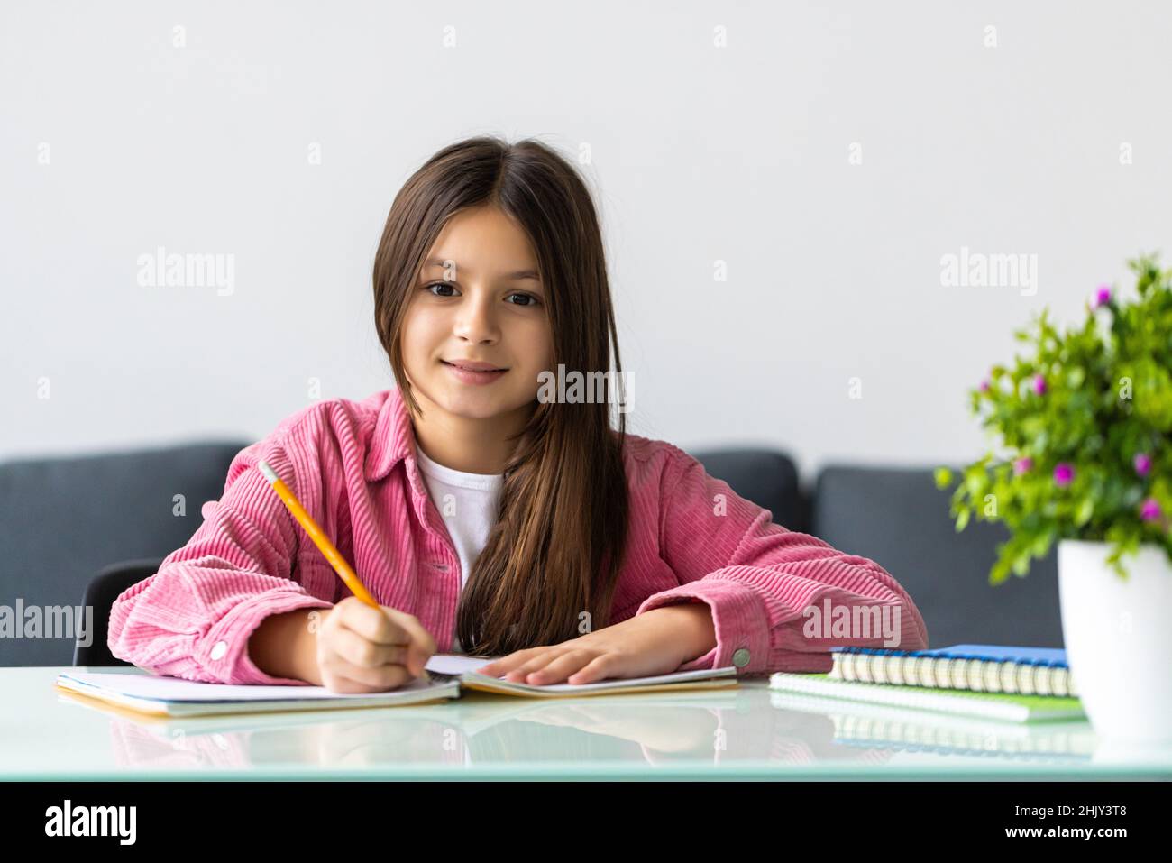 Happy small smart kid do task assignment for school with books ...