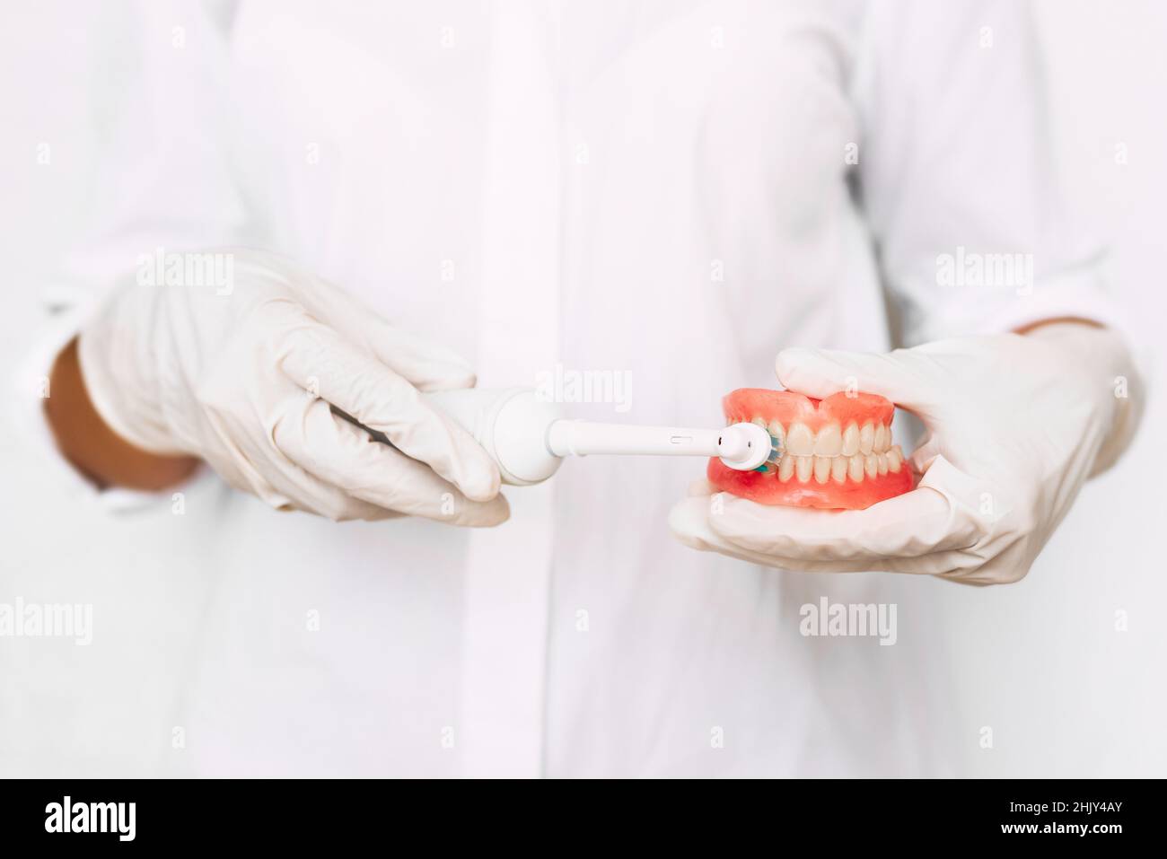 Oral hygiene. Close up hand dentists are demonstrating how to brush ...