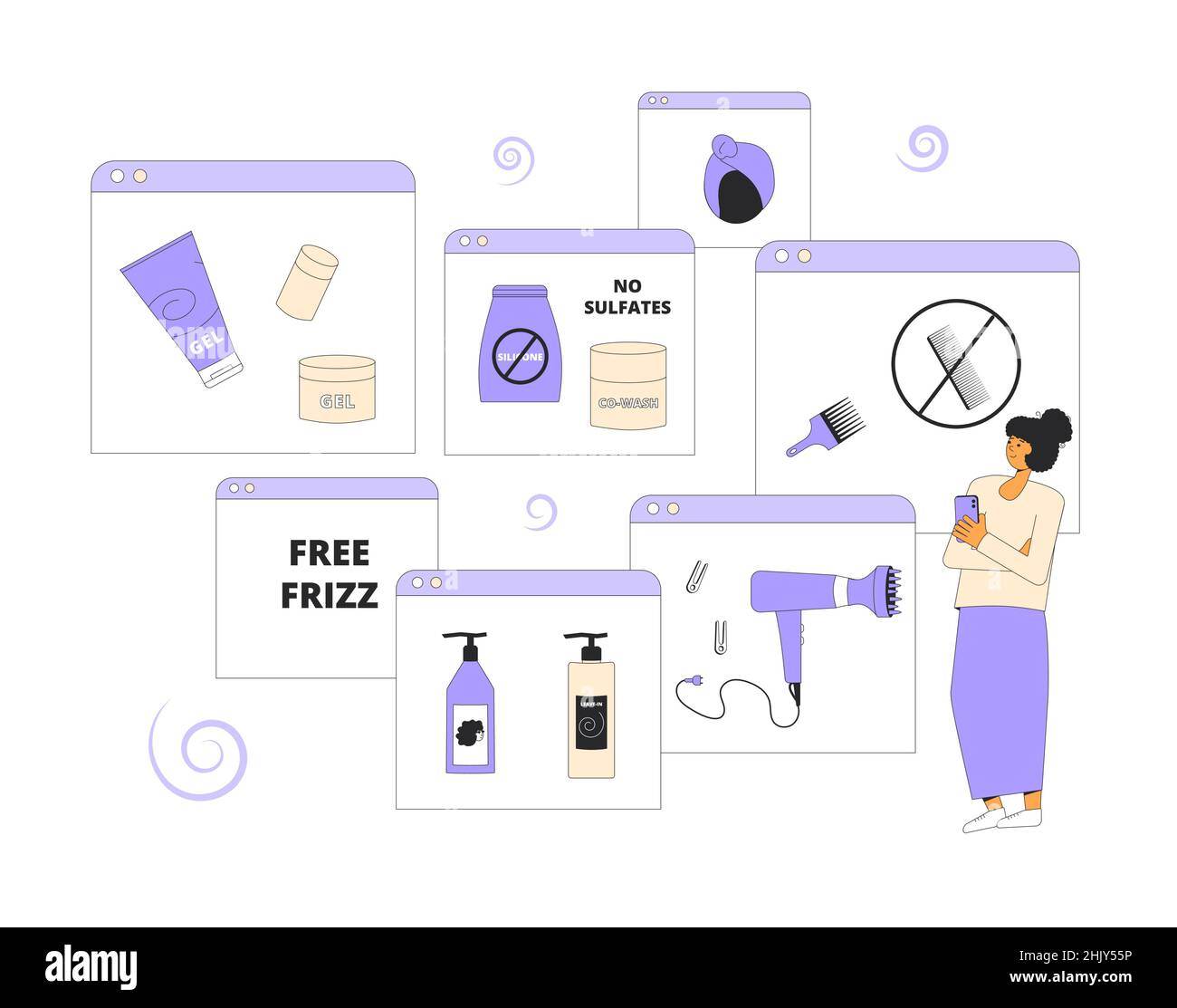 Curly girl method routine and tips. Woman with tools and hair cosmetics ...