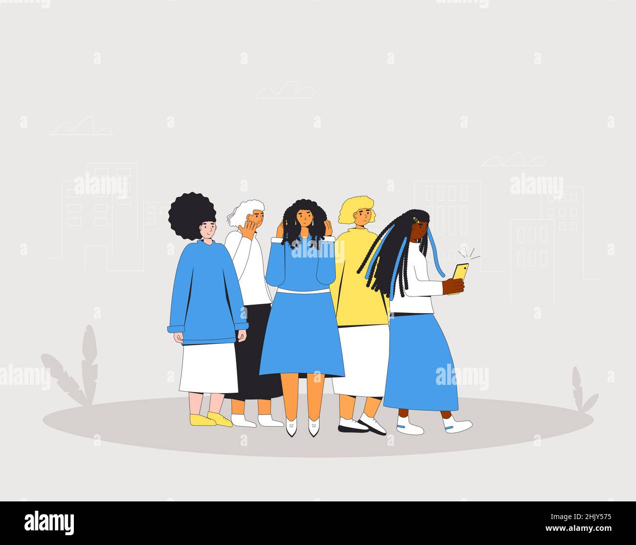 Women with different types of curly hair standing together and take a ...