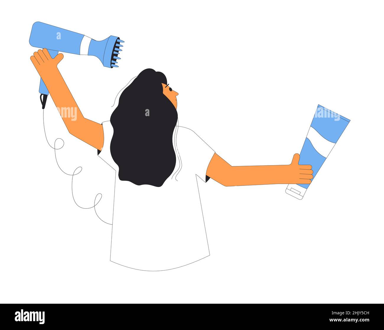 Portrait of woman blow dry curly hair. Female person styling her hair ...