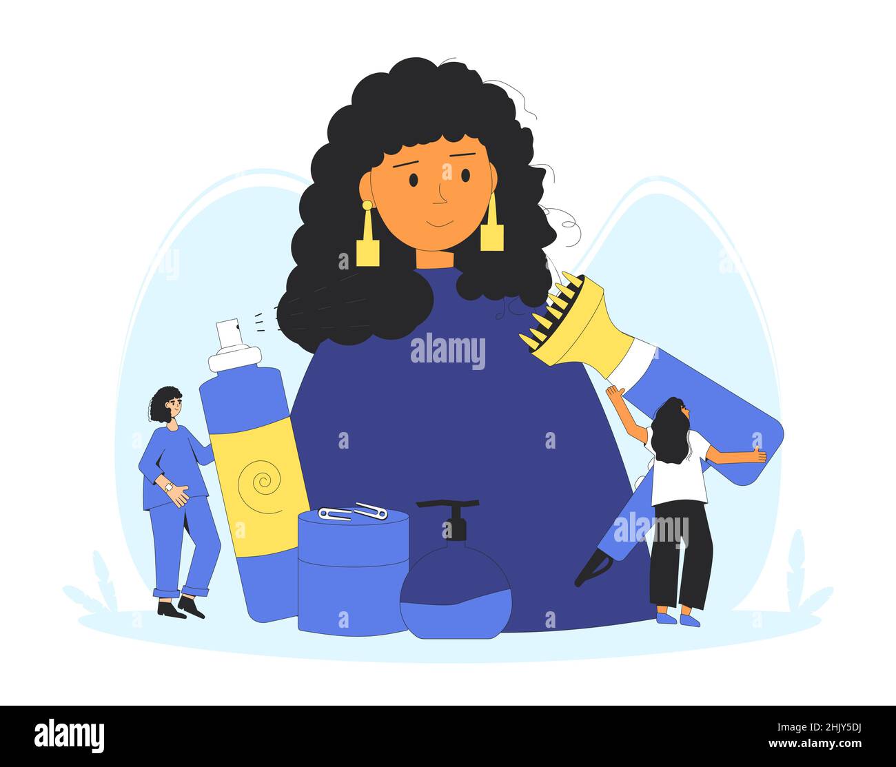 Curly girl method styling. Women with tools and hair cosmetics products ...