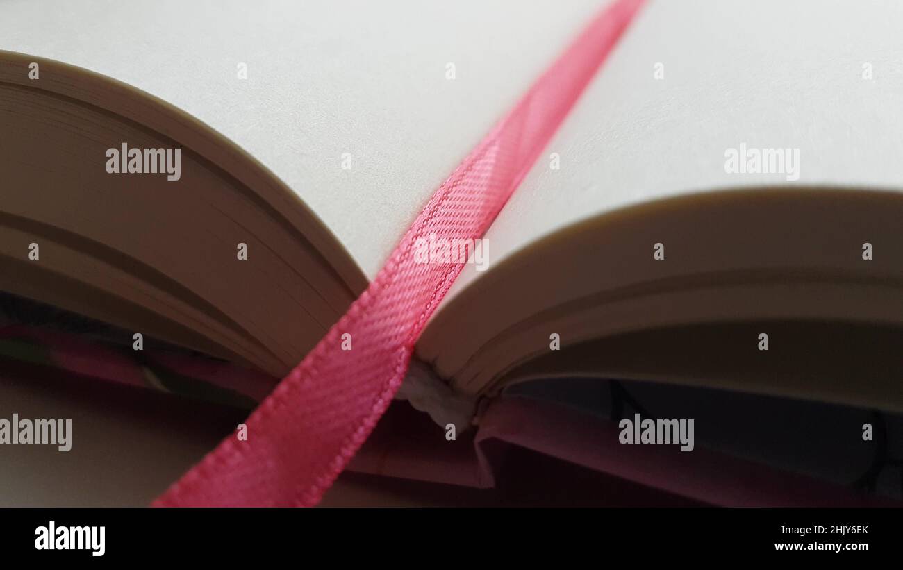 Closeup side view of an new diary with blank sheets and pink bookmark ...