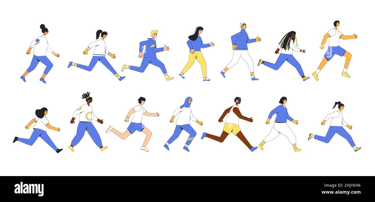 Running people set isolated on white background. Differen runners ...