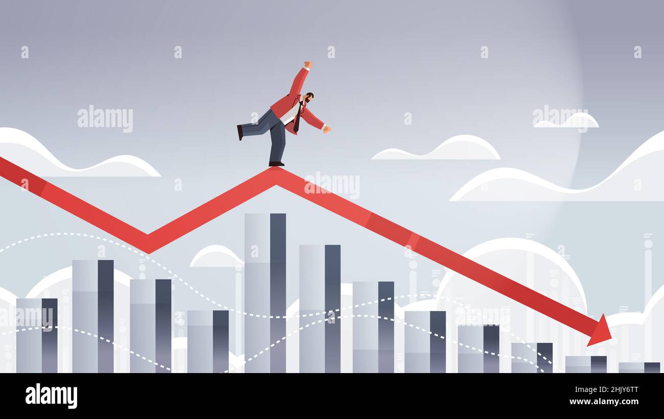 businessman standing on downward red arrow recession financial crisis ...
